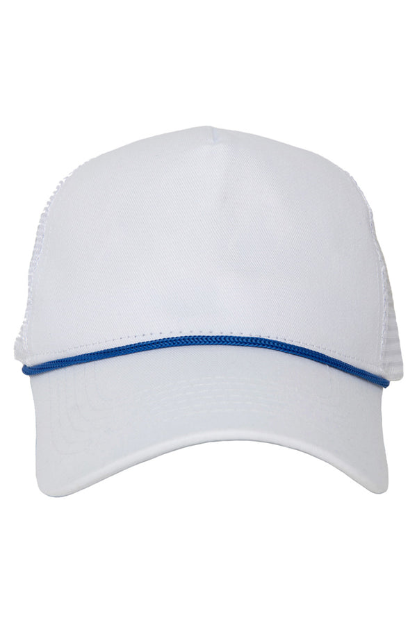 White Fabric Blank Trucker Hat with Blue Rope