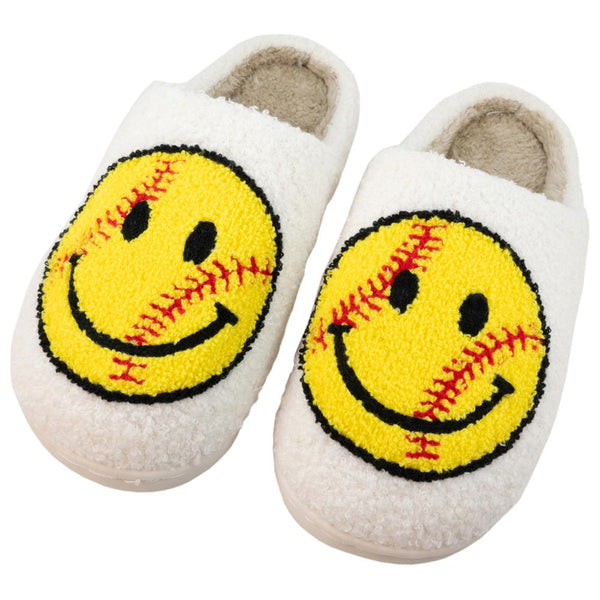 Softball Happy Face Fuzzy Slippers