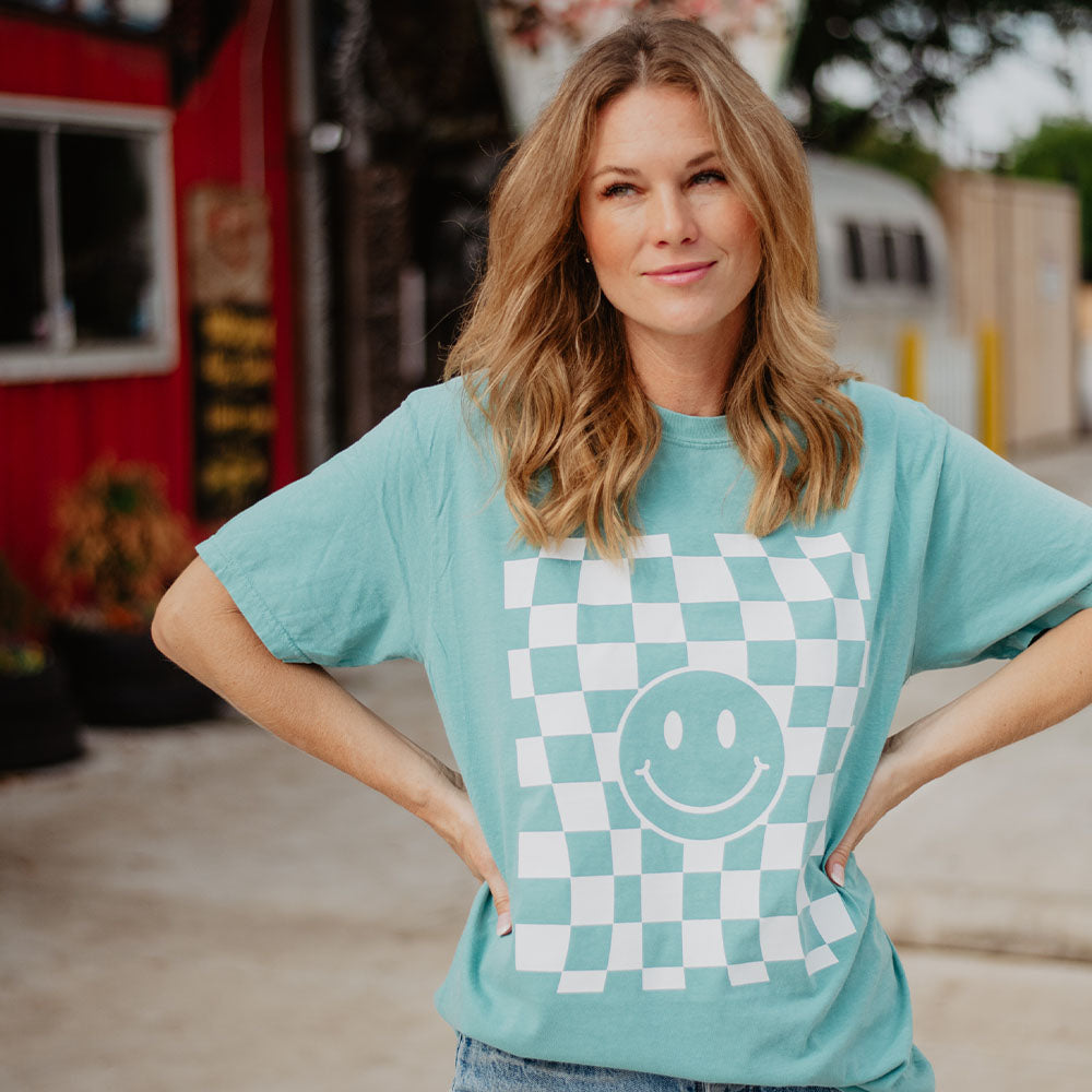 Checkered Pattern Happy Face T-Shirt